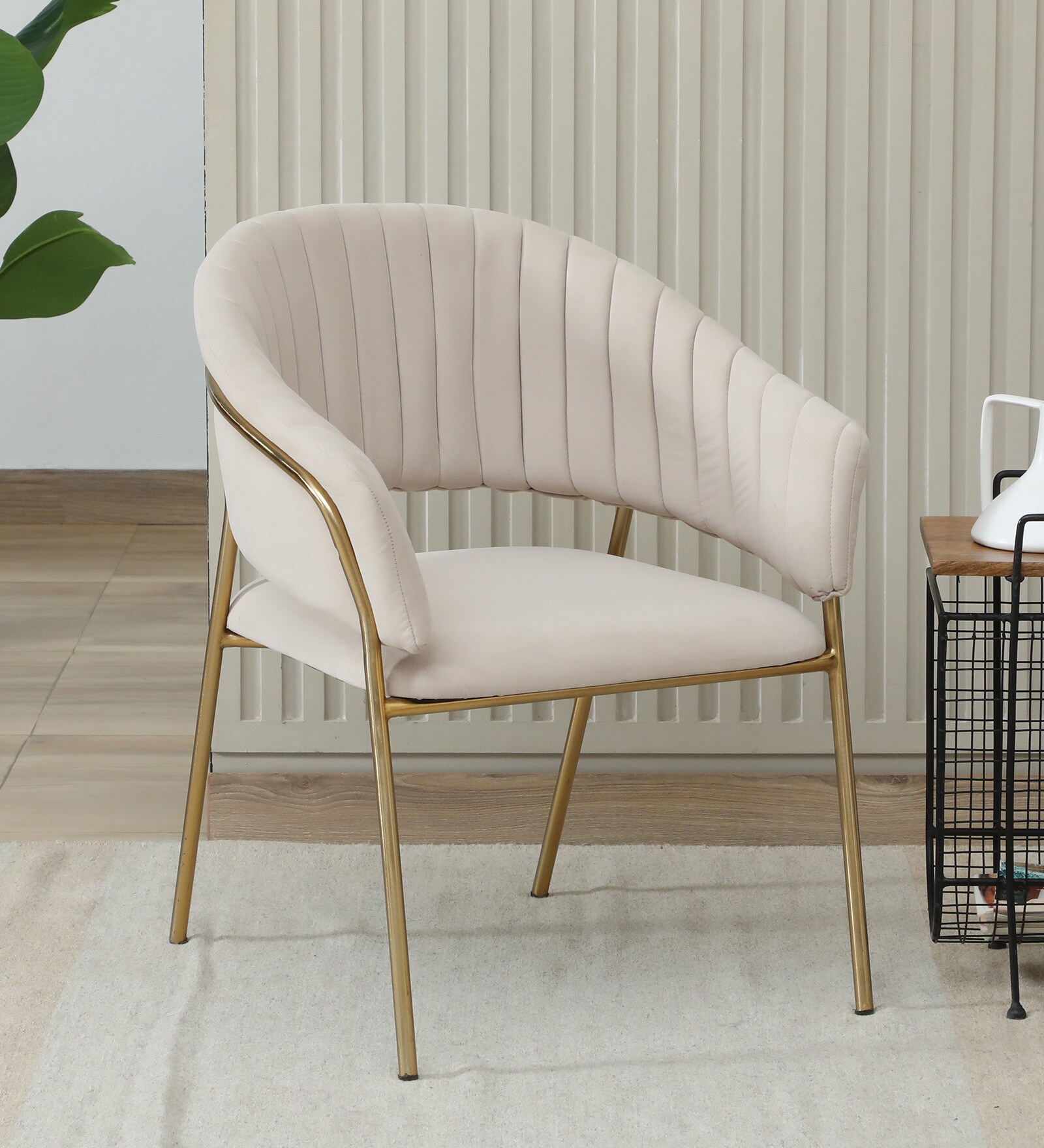 Buy Edelmira Arm Chair In Light Beidge Velvet Fabric With Gold ...