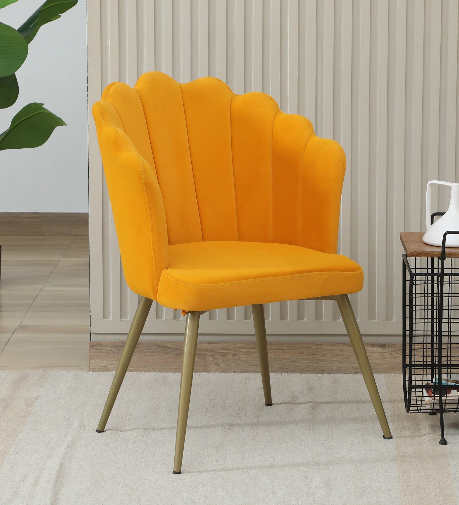 Buy Jayme Arm Chair In Mustered Velvet Fabric With Gold Powder Coated ...