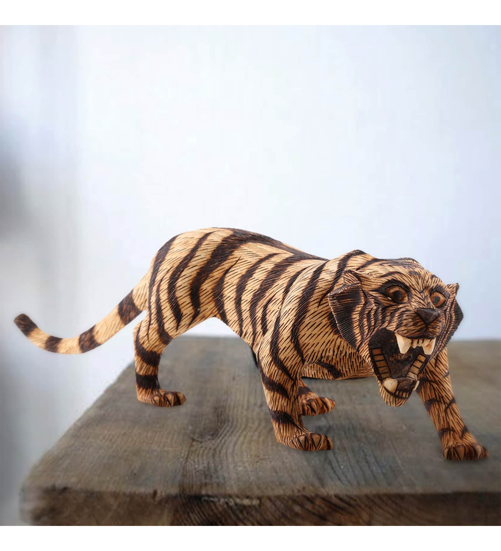 Buy Brown Wooden Tiger Medium Showpiece by Furncoms Online - Wood ...