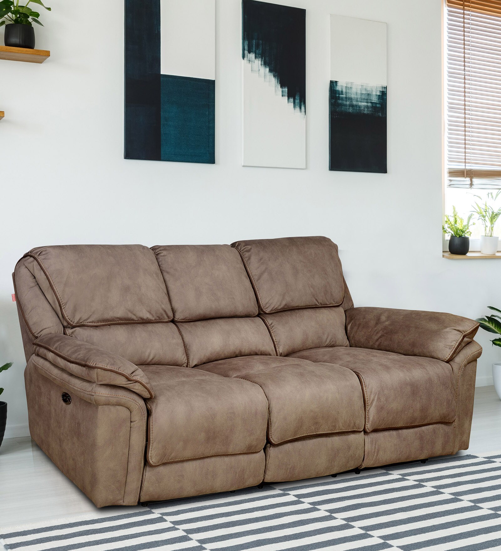 Buy Fuzzy 3 Seater Recliner in Mocha Brown Colour by @home | Pepperfry