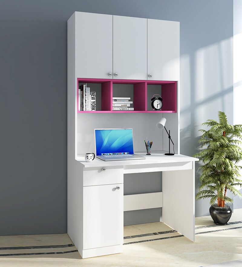 Buy Fusion Hutch Desk in Frosty White And Pink Finish by Woodbuzz ...