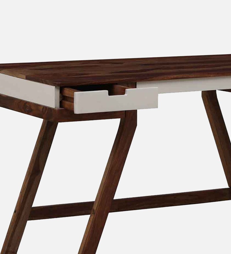 Buy Lisbon Sheesham Wood Writing Table In White On Rustic Teak Finish ...