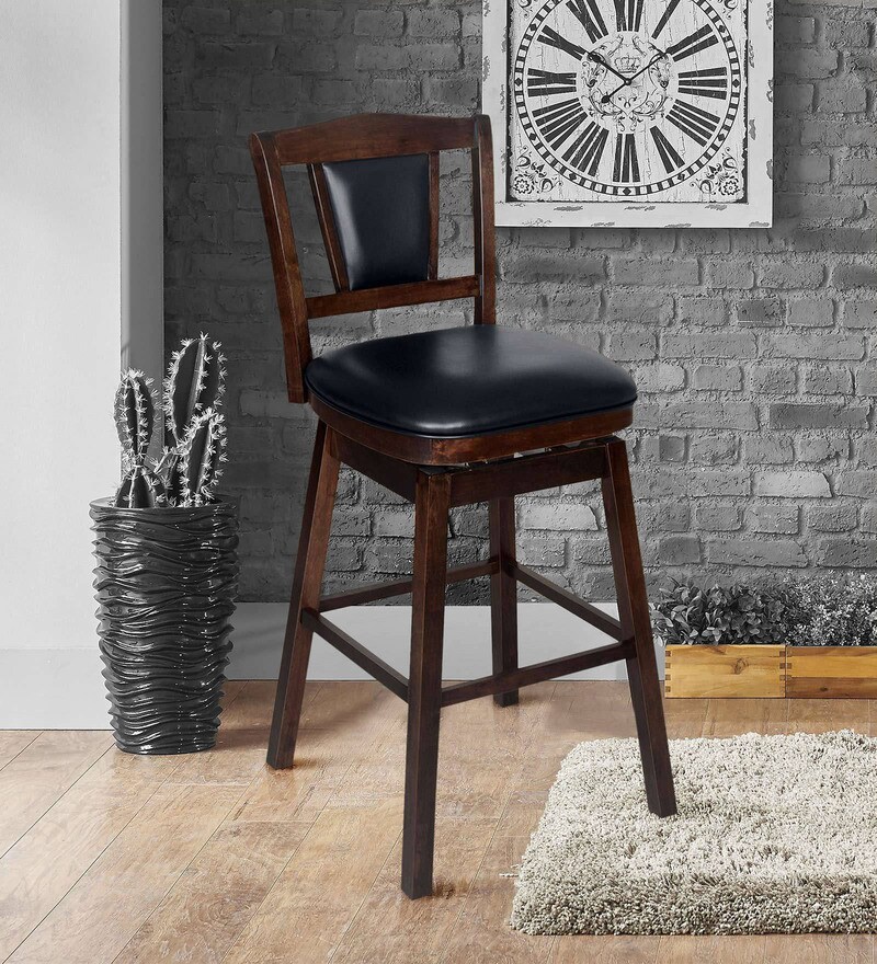 Buy Fuzzo Solid Wood Bar Stool In Cappuccino Colour With Swivel By ...