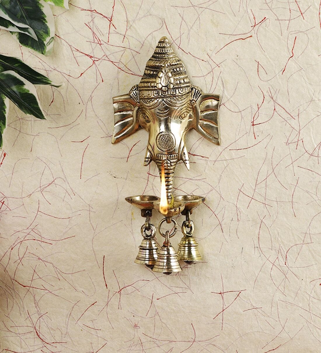 Buy Ganesh Design Golden Brass Wall Hanging 3 Diya With Bells by Imli ...