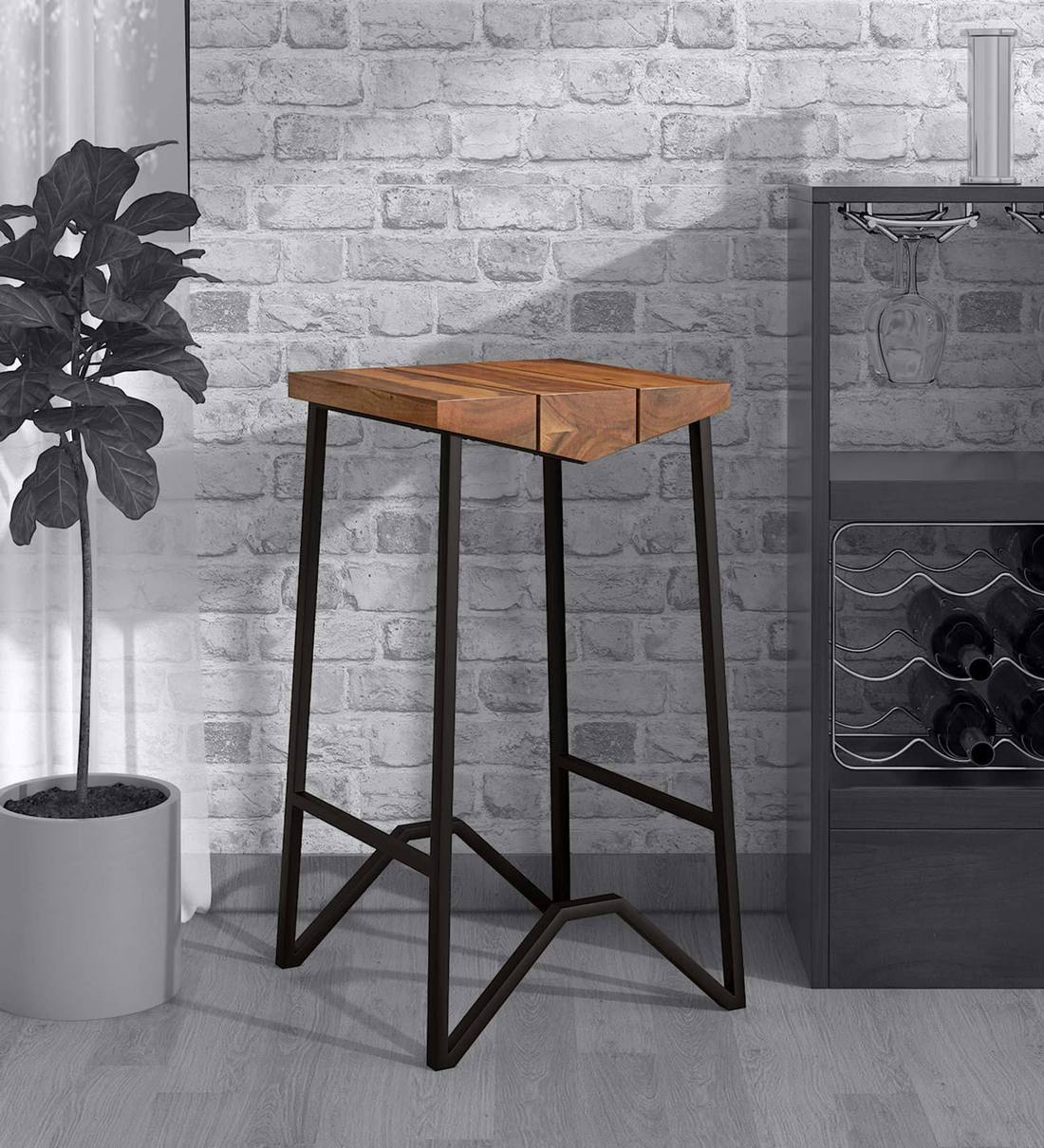 Buy Gemini Solid Wood Bar Stool In Natural Acacia Finish by Bohemiana ...