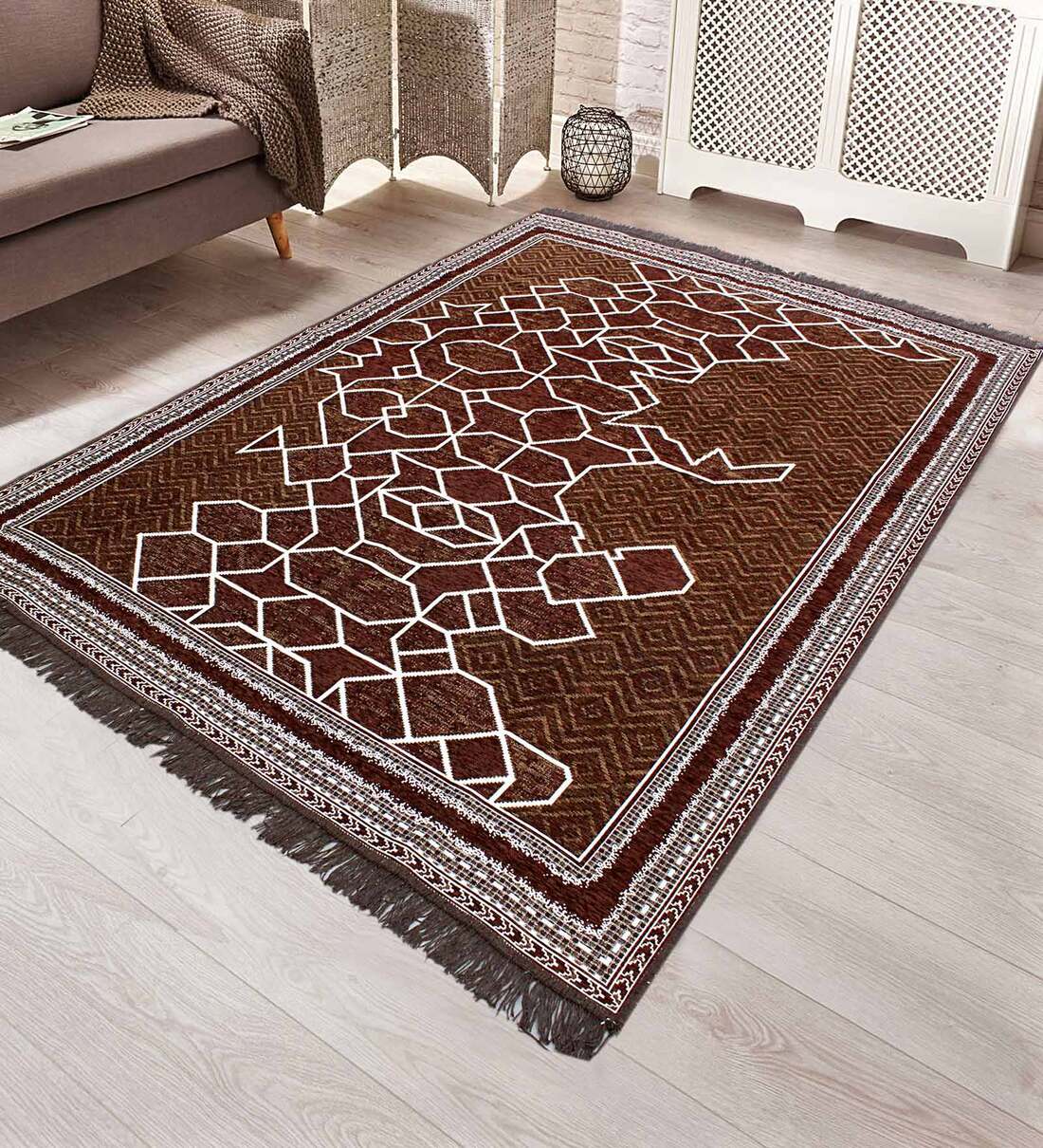 Buy Brown Polyester Abstract 5 X 7 Feet Machine Made Carpet by Cazimo ...