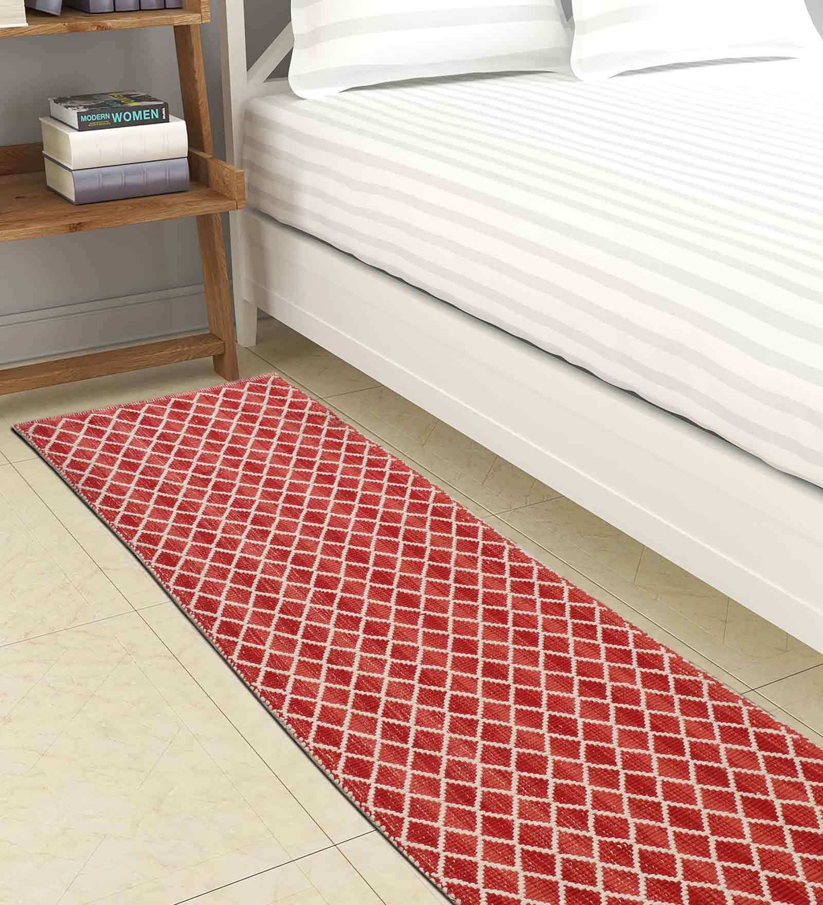Buy Red Cotton 84 x 22 Inches Hand Woven Floor Runner by Lehar Decor at ...
