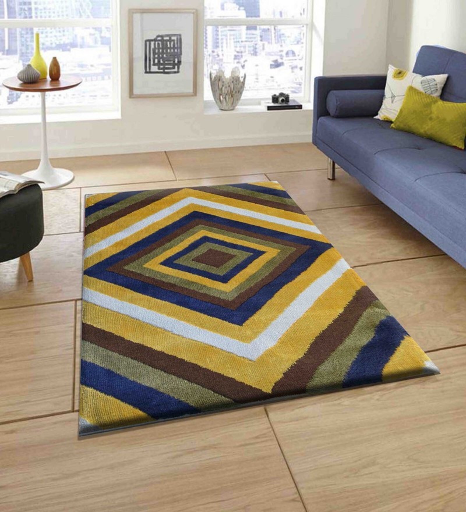 Buy Yellow Geometric Polyester 4 ft x 6 ft Hand Tufted Carpet by PRESTO ...