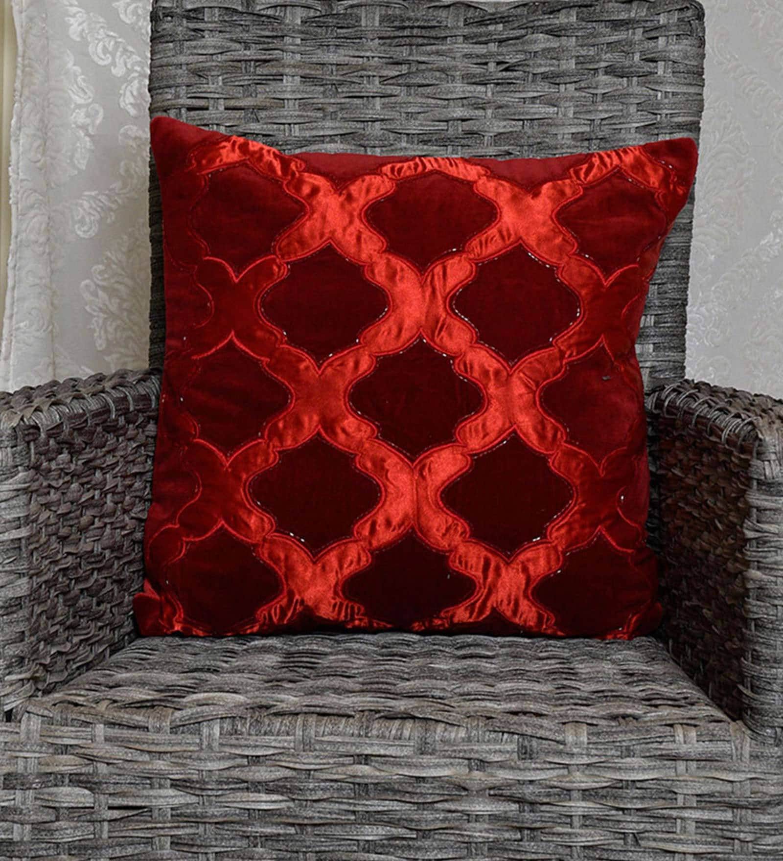 Buy Geometric Pattern Velvet Red Cushion Cover 17 x 17 inches by Home ...