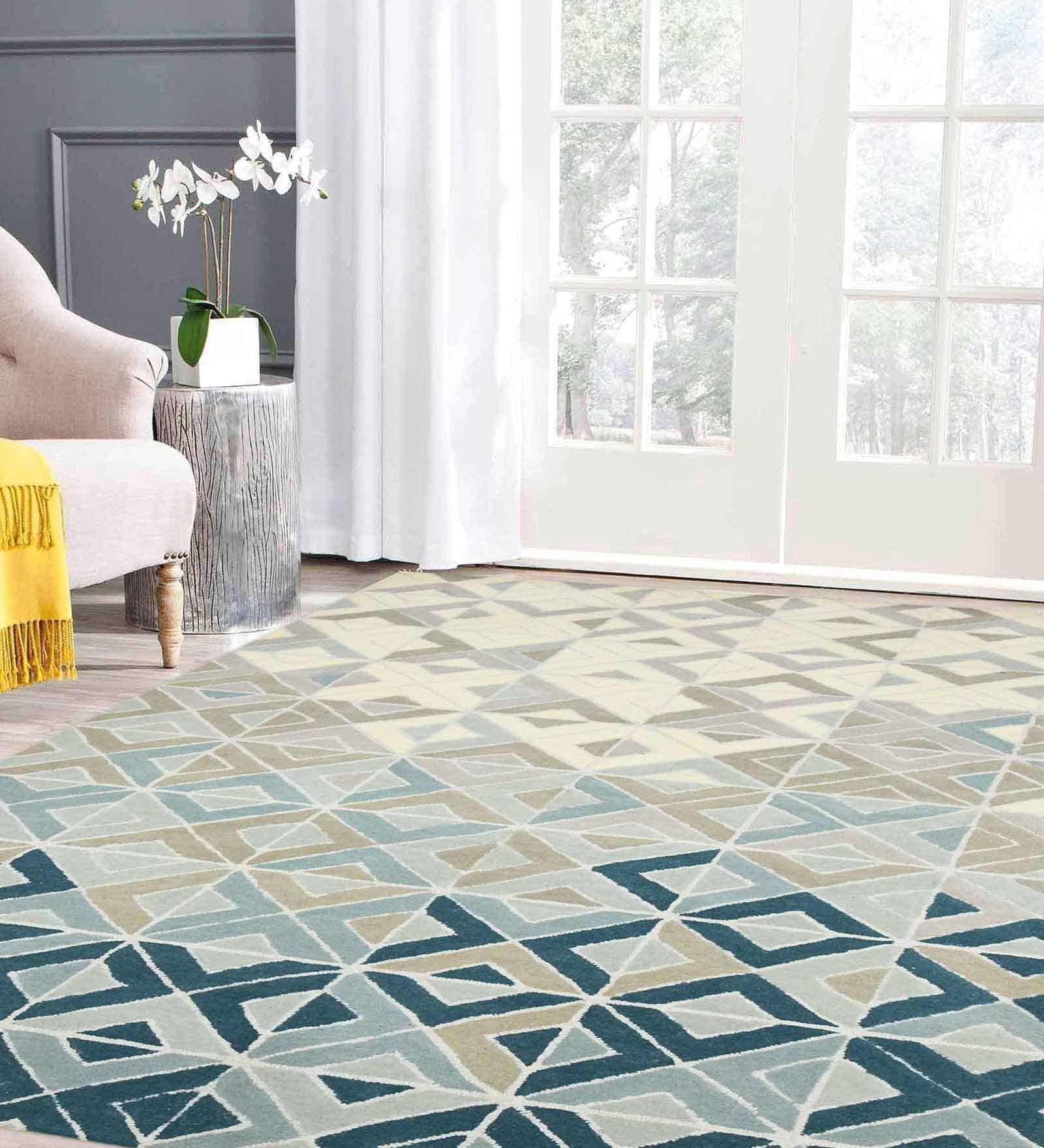 Buy Blue Wool Geometrical 5 ft x 8 ft Hand Tufted Carpet by Saraswati ...