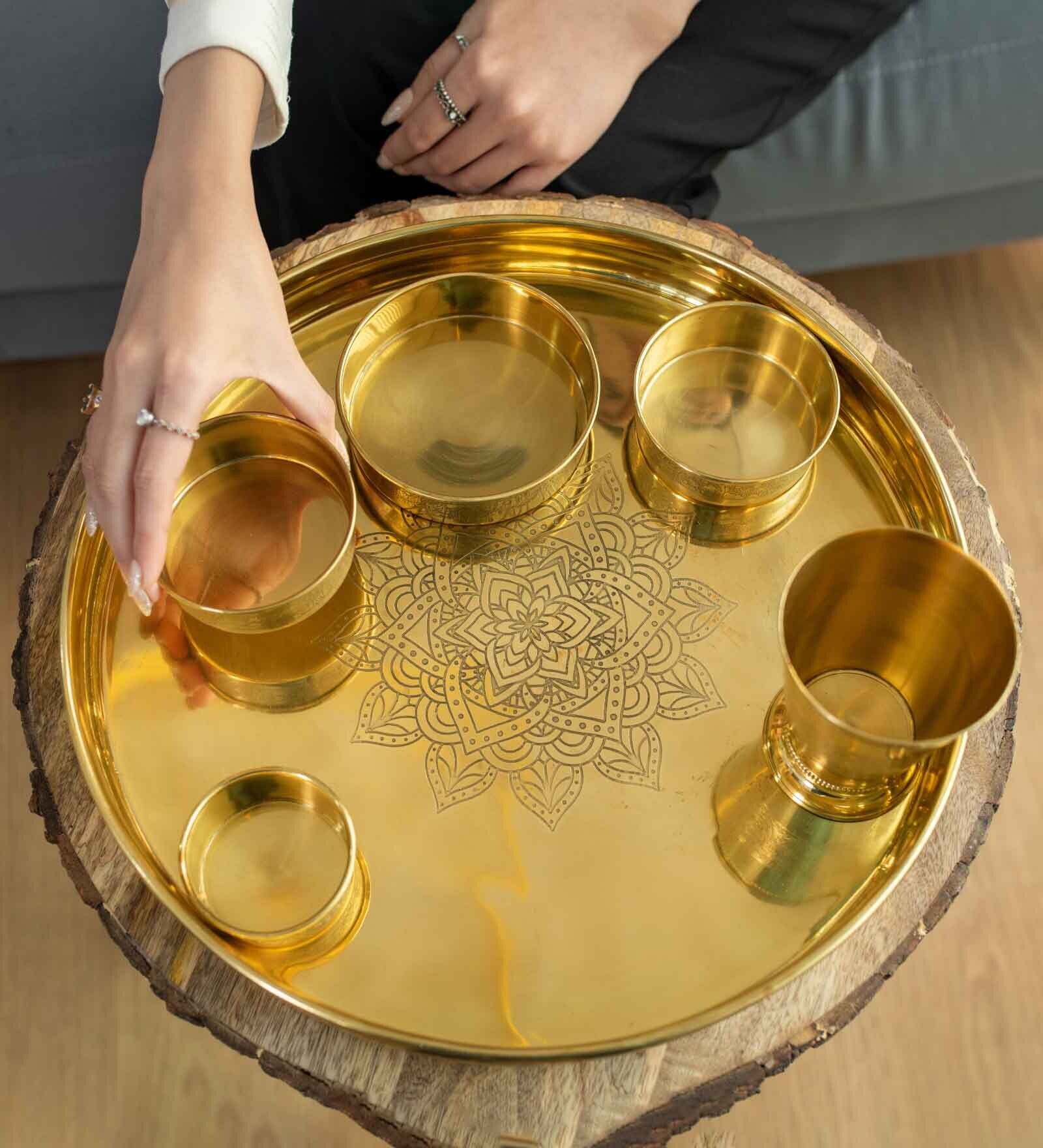 Buy GIBOX Lotus Deluxe Brass Bhojan Thali (6 pieces) Embossed Design ...