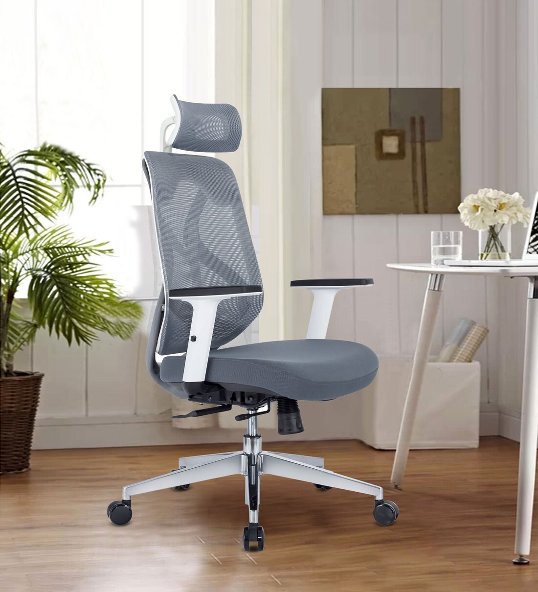 Buy Glider Breathable Mesh Ergonomic Chair in Grey Colour with Headrest ...