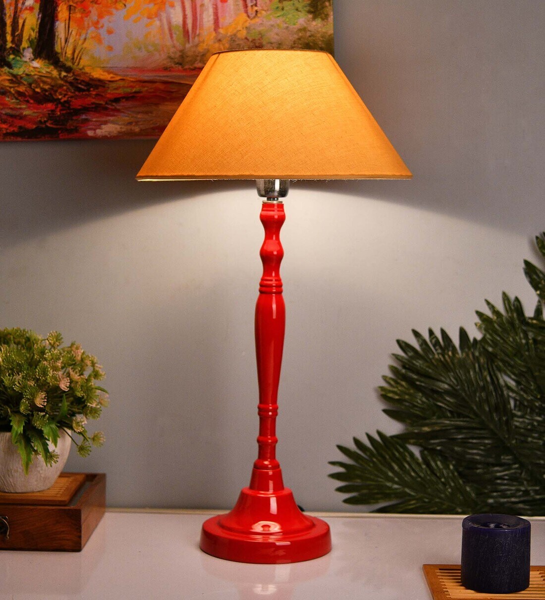 Buy Glossy Red Imperial Aluminium Table Lamp With Khadi Drum Shade ...