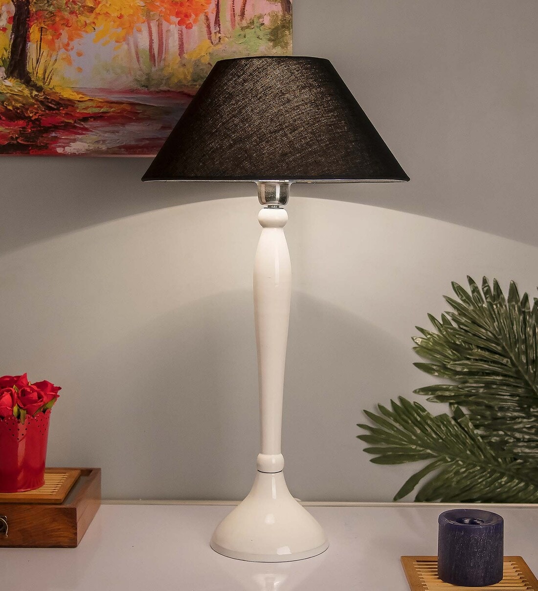 Buy Glossy White Royal Ovoid Aluminium Table Lamp With Red Drum Shade ...