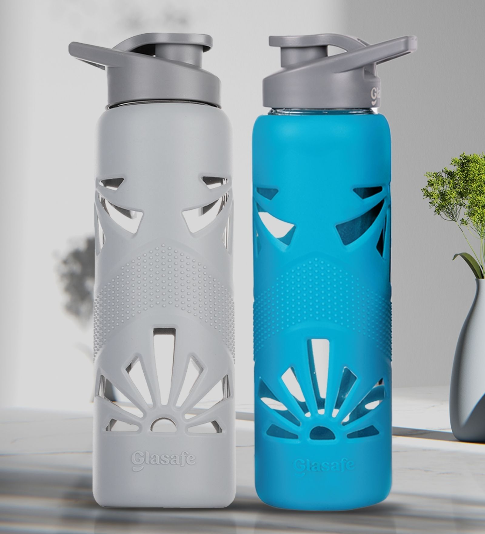 Buy Grey & Blue 750Ml Each Clear Grip Borosilicate Glass With ...