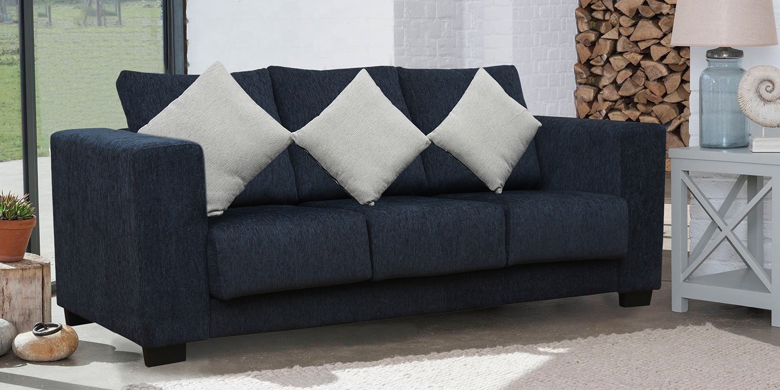 Buy Glory Three Seater Sofa in Blue Colour by Peachtree Online - 3 ...