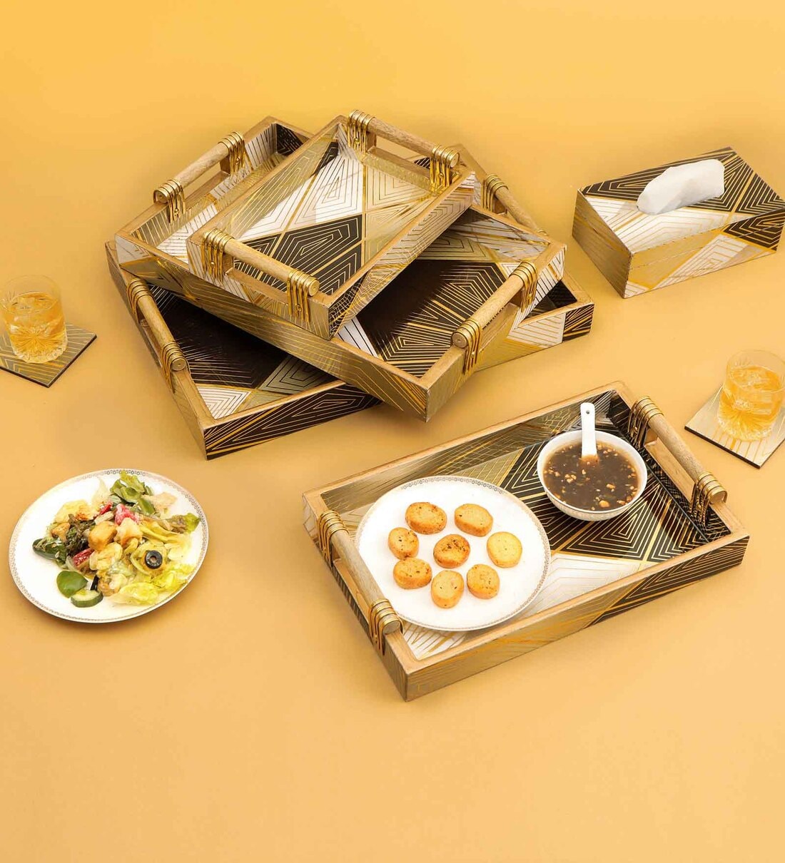 Buy Gold & Black White MDF Wood Triangle (Set of 4) Serving Trays at 41 ...