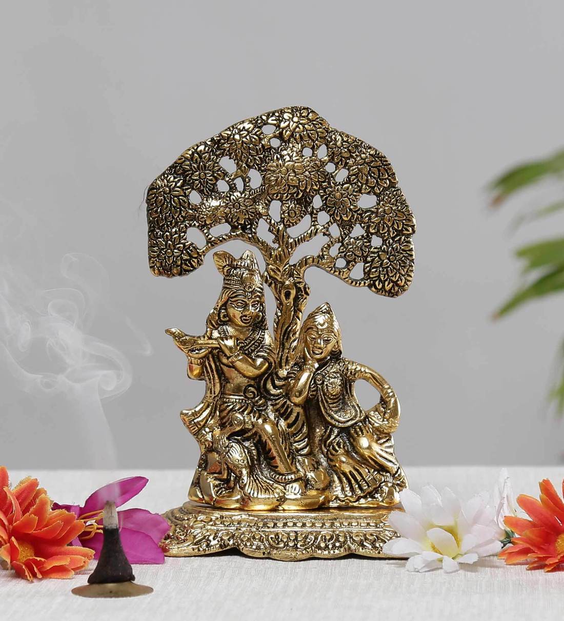 Buy Gold Aluminium Radha Krishna Antique Golden Sitting Under Tree Idol ...