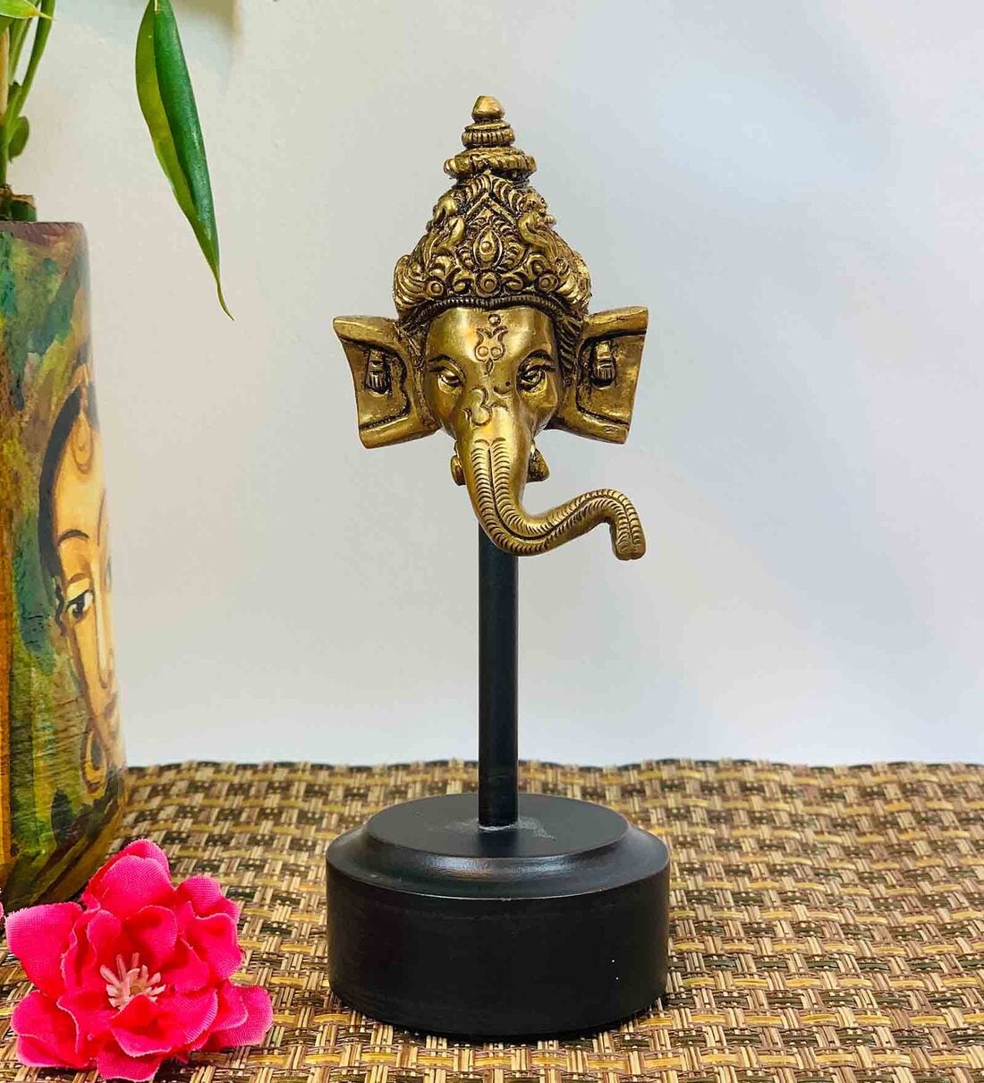 Buy Gold Brass Brass Engraved Ganesha Head ith Wooden Base Idol by ...