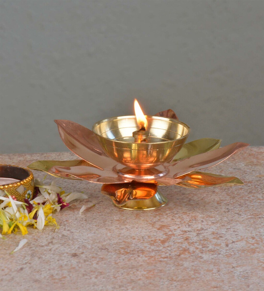 Buy Gold Brass Handcrafted Lotus Pooja Diya by StyleMyWay Online ...