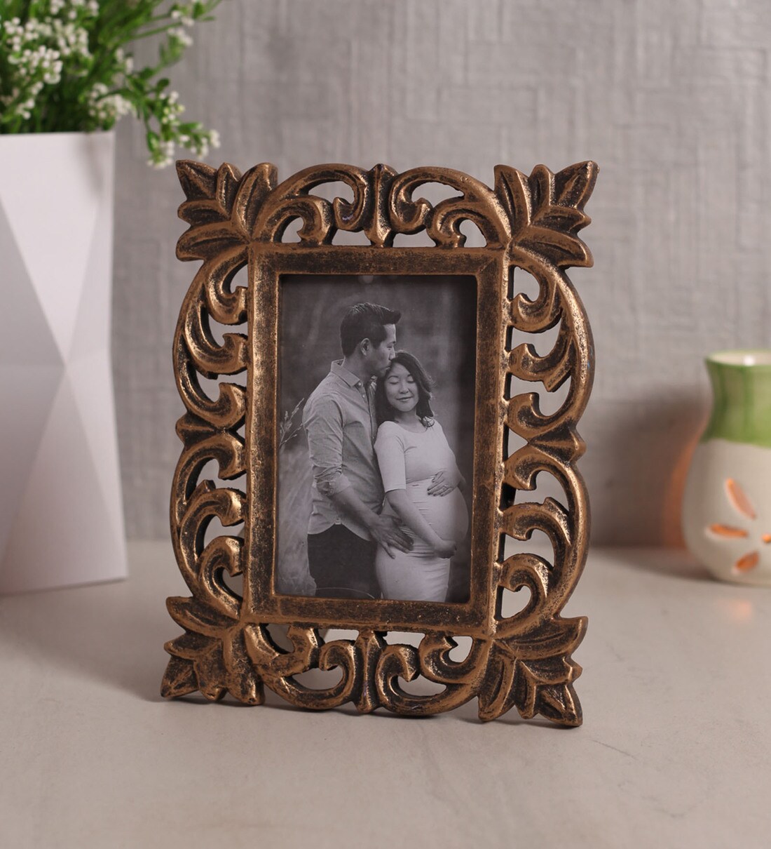 Buy Gold Engineered Wood Table Top Wooden Carved Square Photo Frame by ...