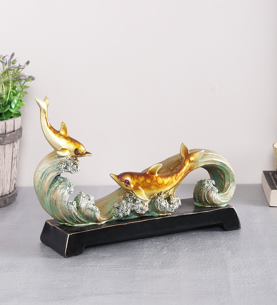 Buy Gold Resin Marine Life Dolphin Statue Showpiece by Aapno Rajasthan ...