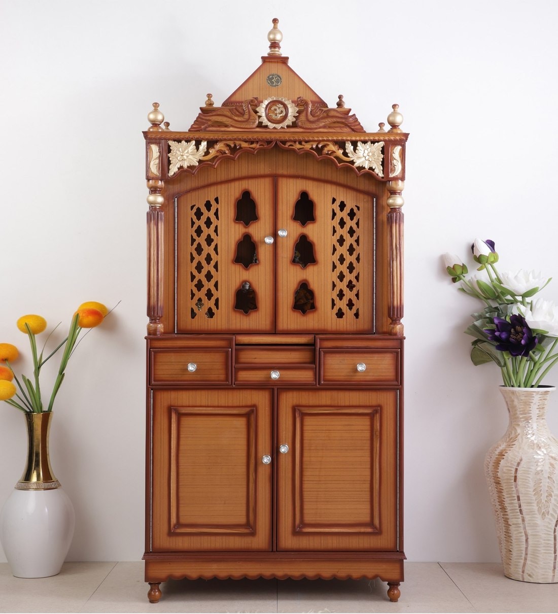 Buy Teak Wood Brown Gold Large Mandir With Storage By Dzyn Furnitures ...