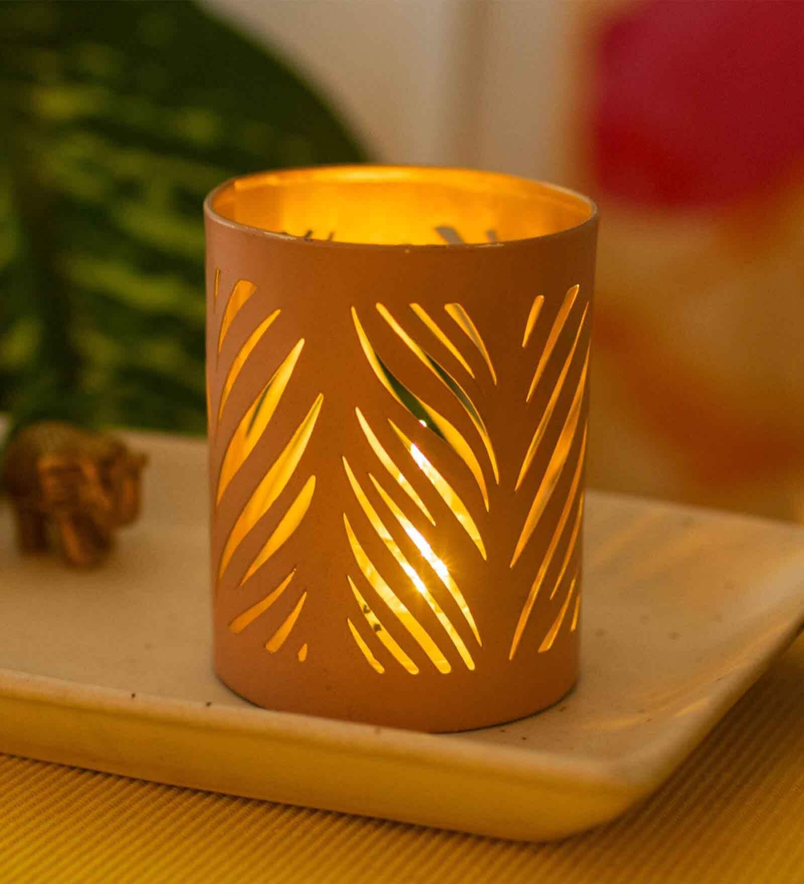 Buy Gold & Pink Iron Jaali Leaf Metal Candle Holder at 50% OFF by ...