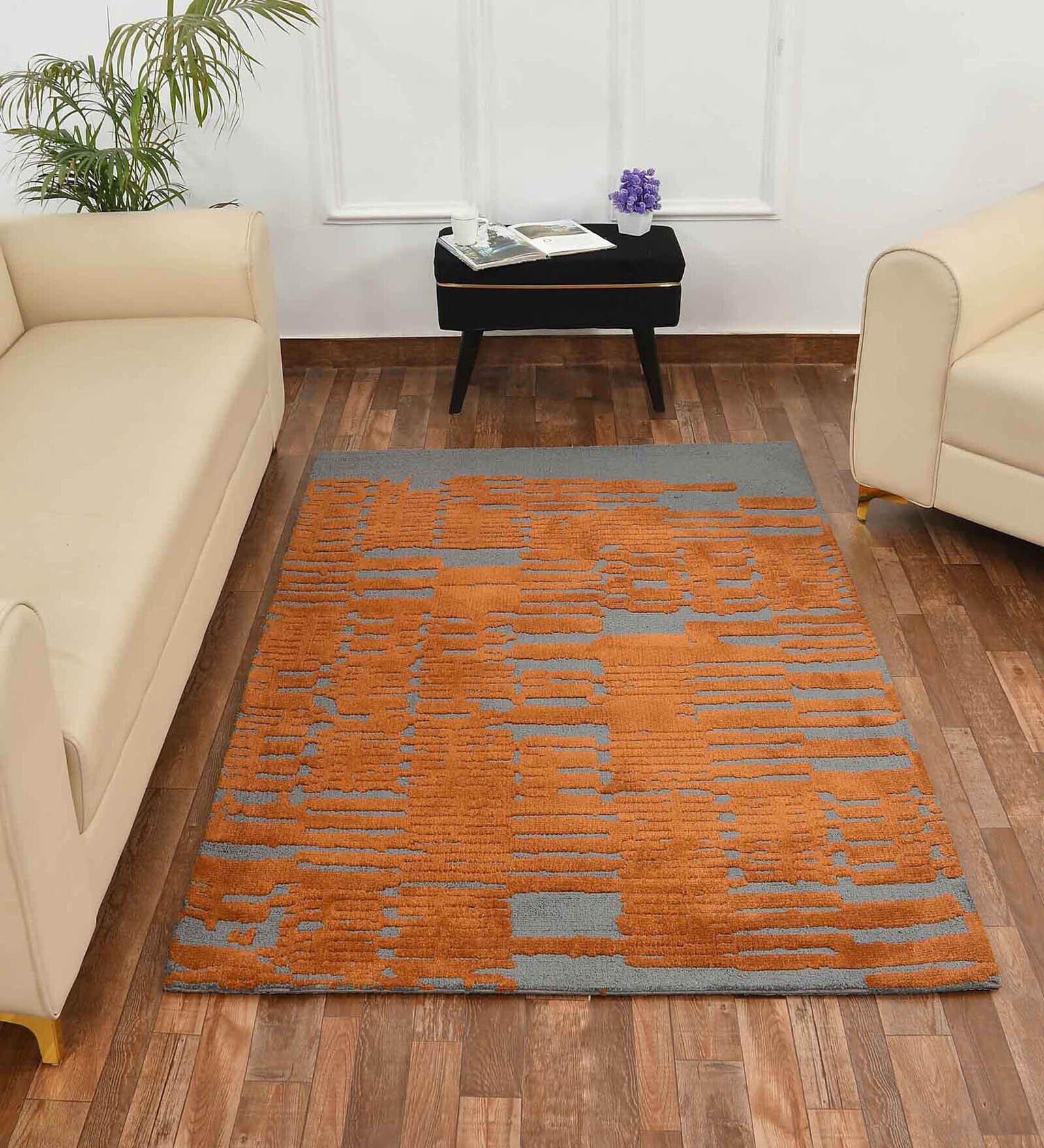 Buy Gold Abstract Polyester 5 x 7 Feet Machine Made Carpet by PRESTO at ...