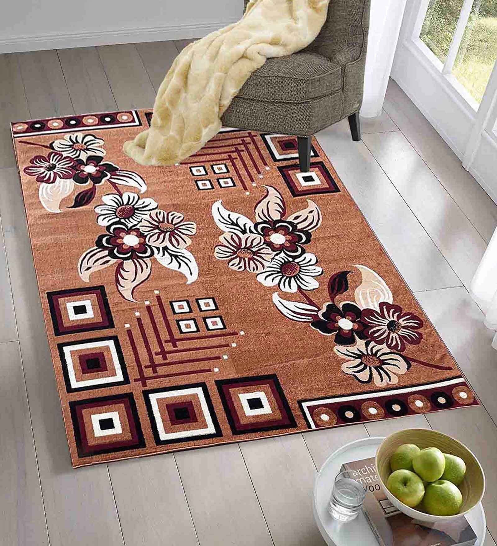 Buy Gold Floral Acrylic 5 ft x 7 ft Machine Made Carpet at 26% OFF by ...