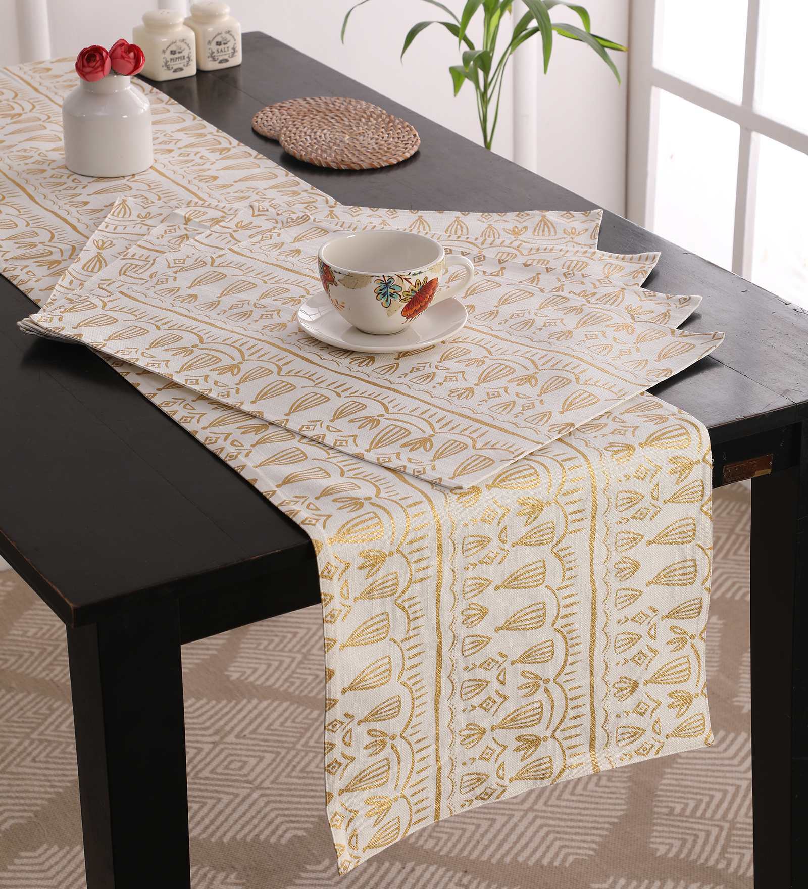 Buy Gold Cotton Abstract 4 Placemats with 1 Runner by Solaj at 20% OFF ...