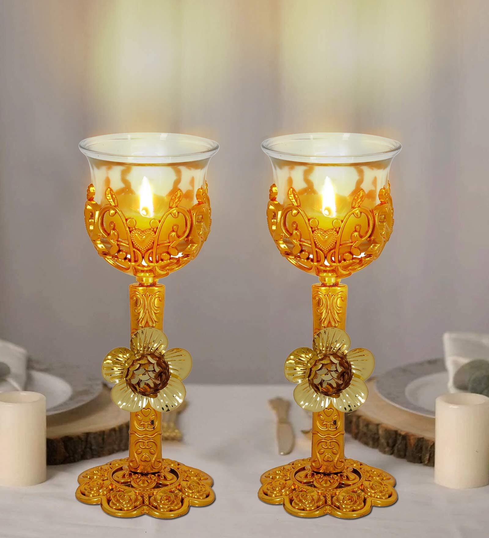 Buy Gold Glass Set Of 4 Votive Tealight Candle Holder With Stand By ...