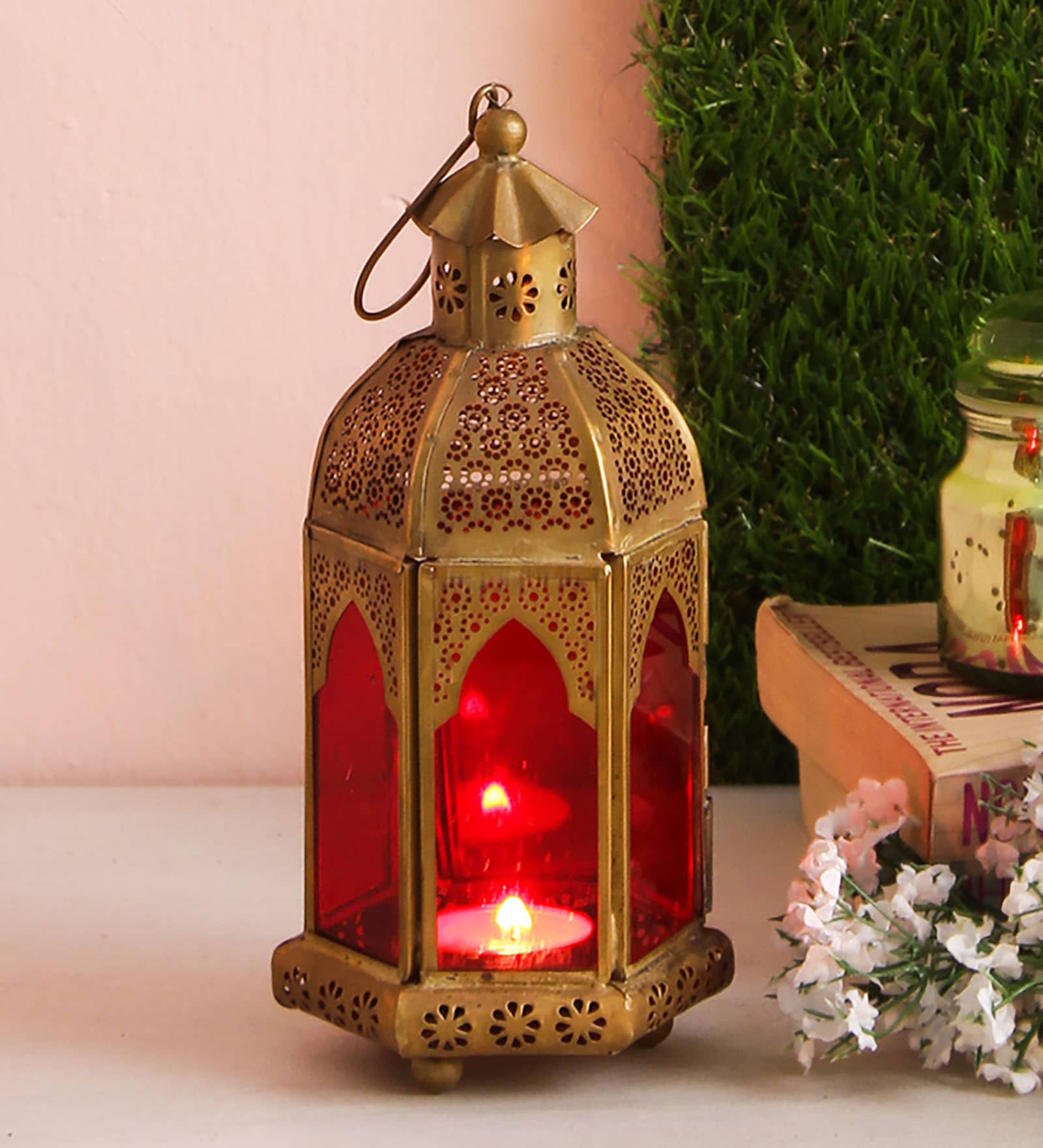 Buy Red Glass Shade Table Lanterns with Gold Base by India Circus by ...