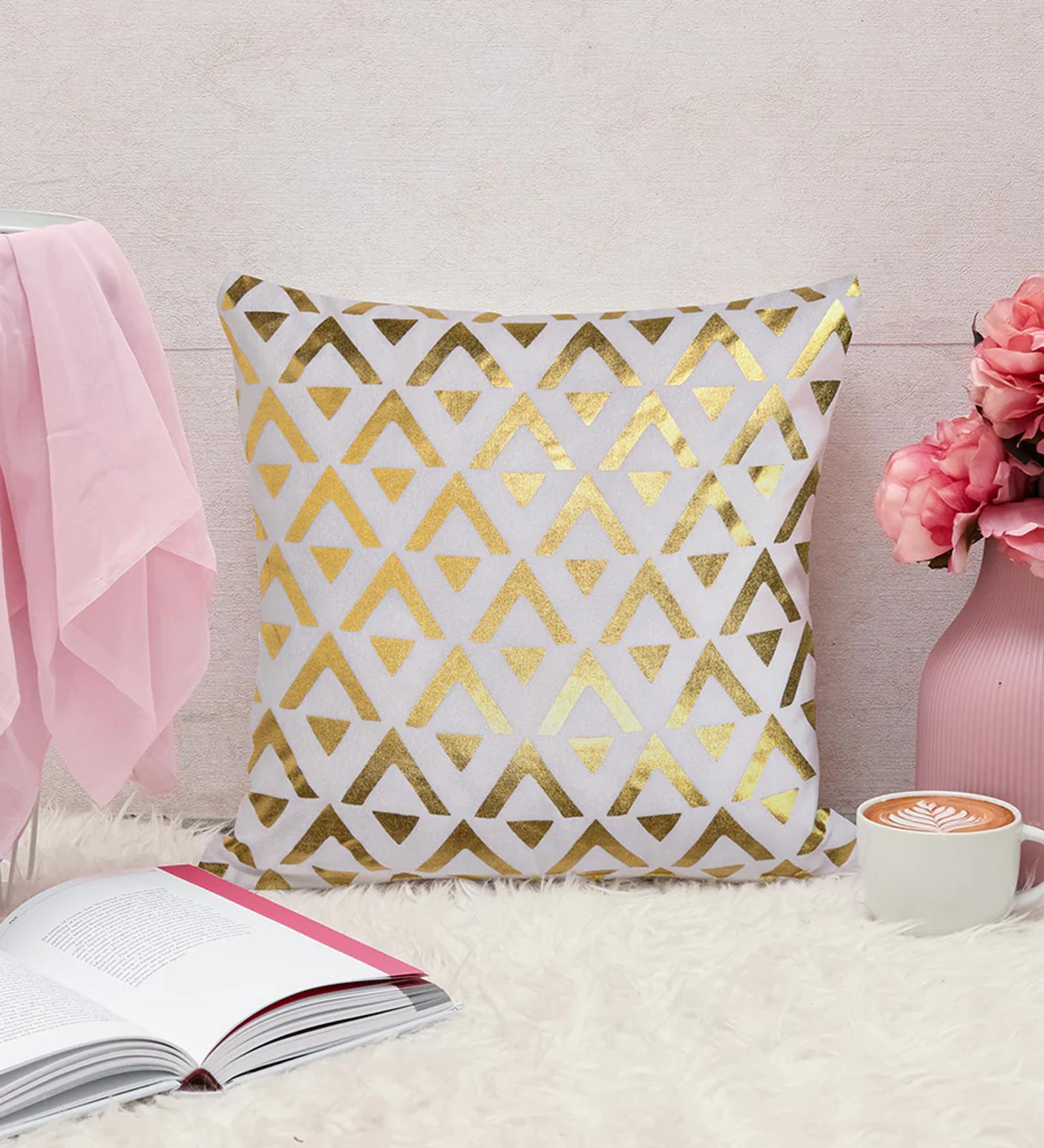 Buy Gold Poly Velvet Floral 12x12 inches Cushion Cover with Fillers at ...