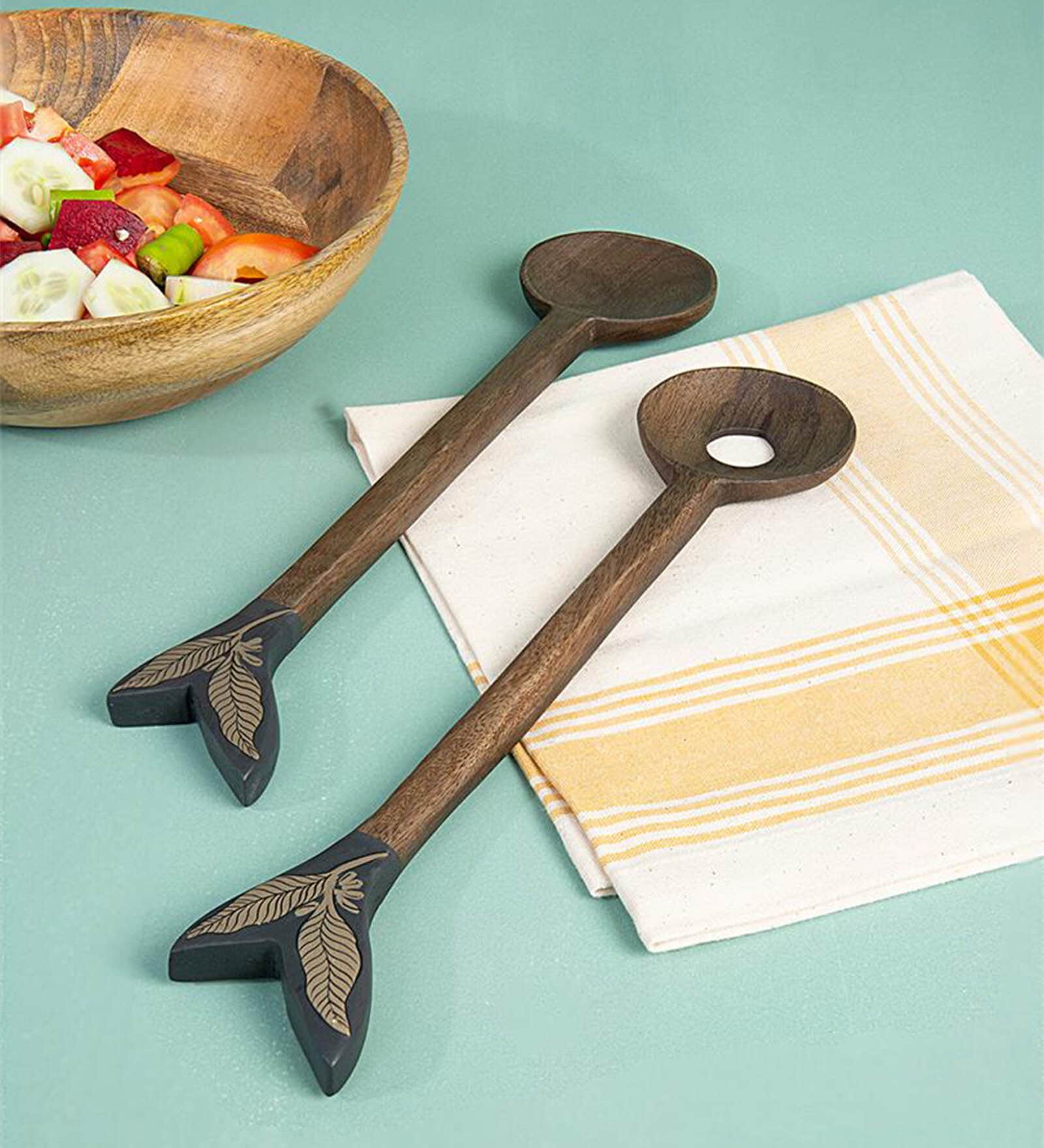 Buy Fish Tail Brown & Black MDF (Set of 2) Salad Server Spoon at 50% ...