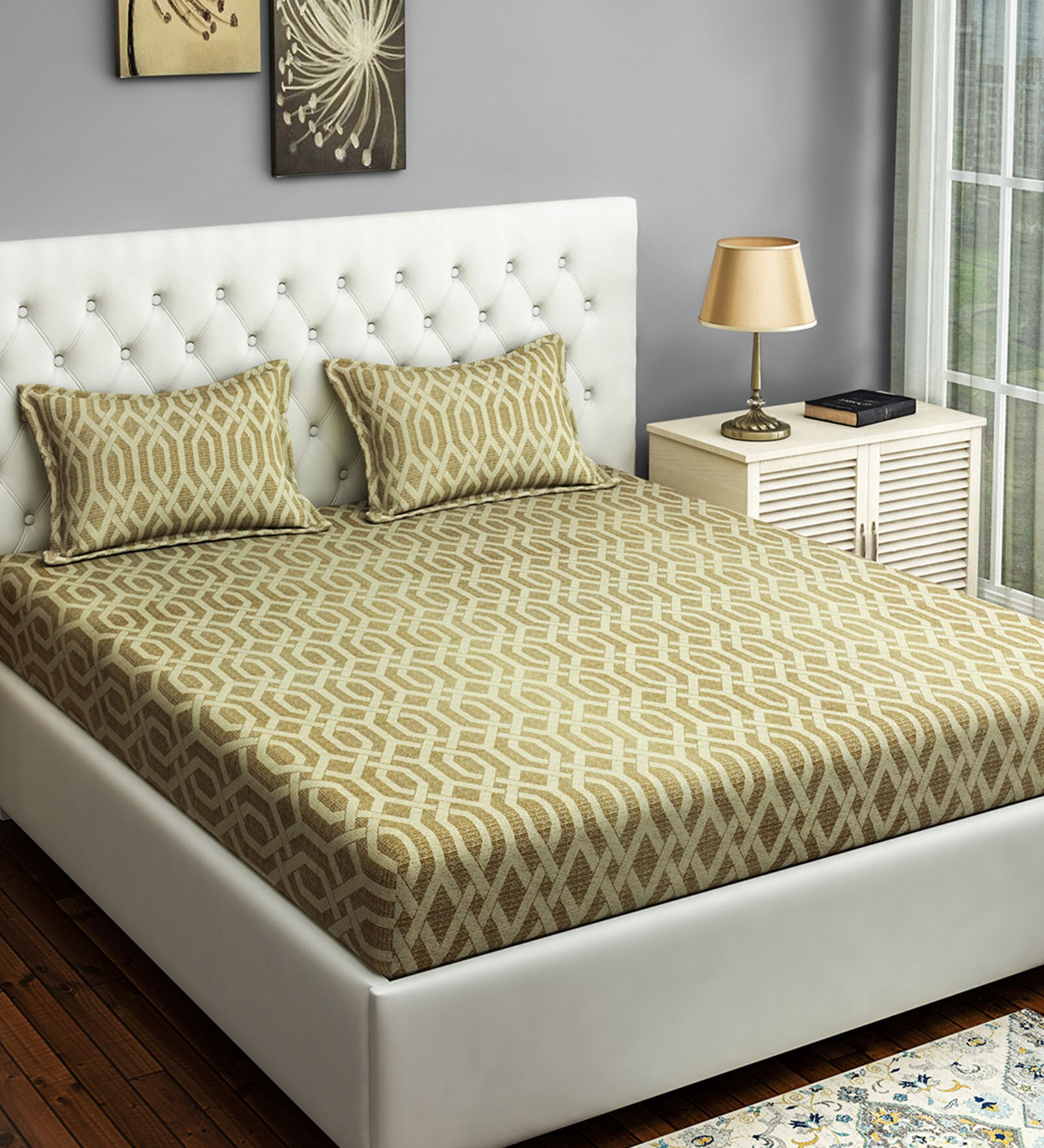 Buy Gold Geometric 120 TC Cotton Blend King Sized Bed Sheets with 2 ...