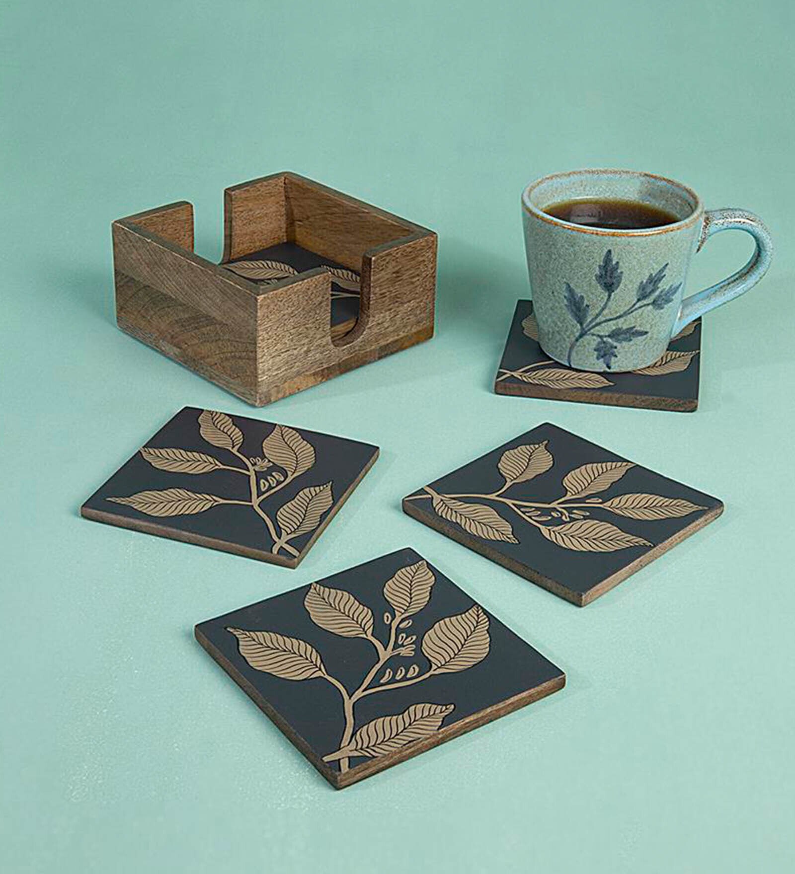 Buy Leafy Foilage Black & Glod MDF (Set of 6) Table Coaster with Stand ...