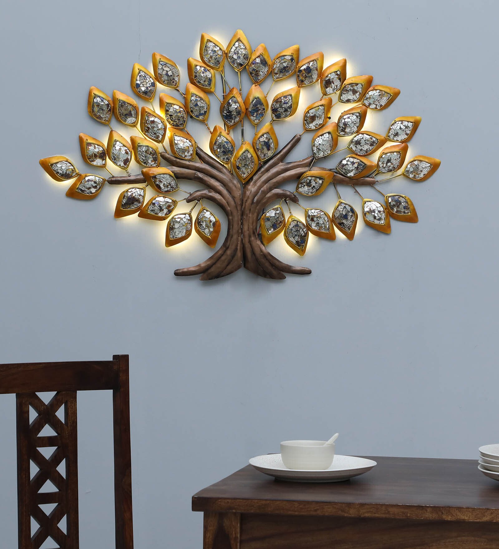 Buy Golden Iron Oak Mosiac Tree With Led Metal Wall Art By B K Exports ...