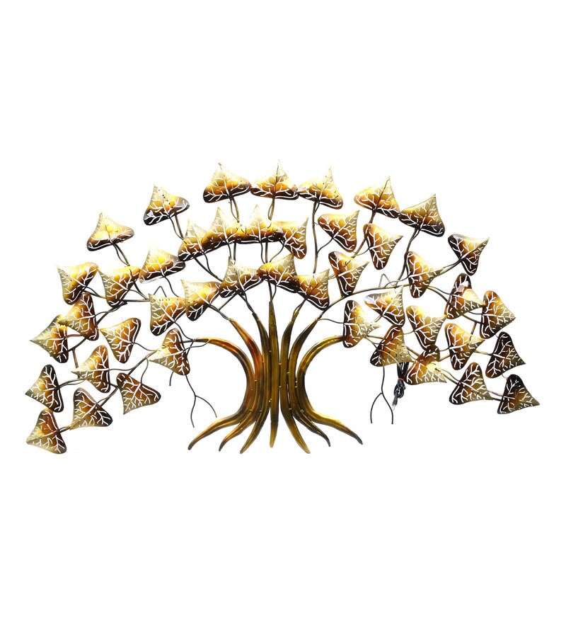 Buy Wrought Iron Decorative Tree Wall Art With LED In Gold By Malik ...