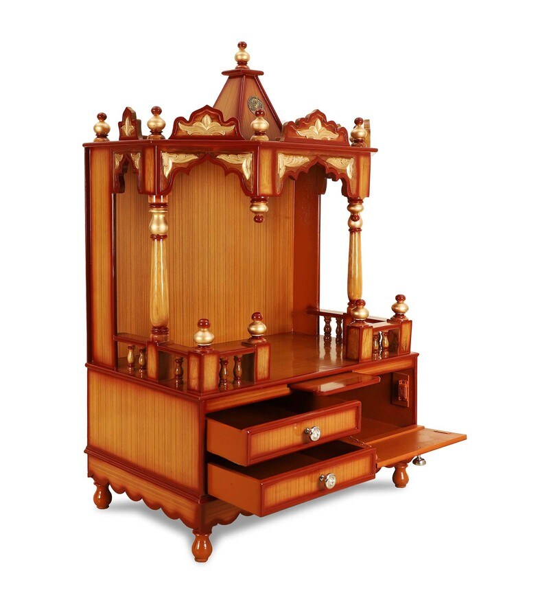 Buy Teak Wood Golden Mandir With Storage By Dzyn Furnitures Online ...