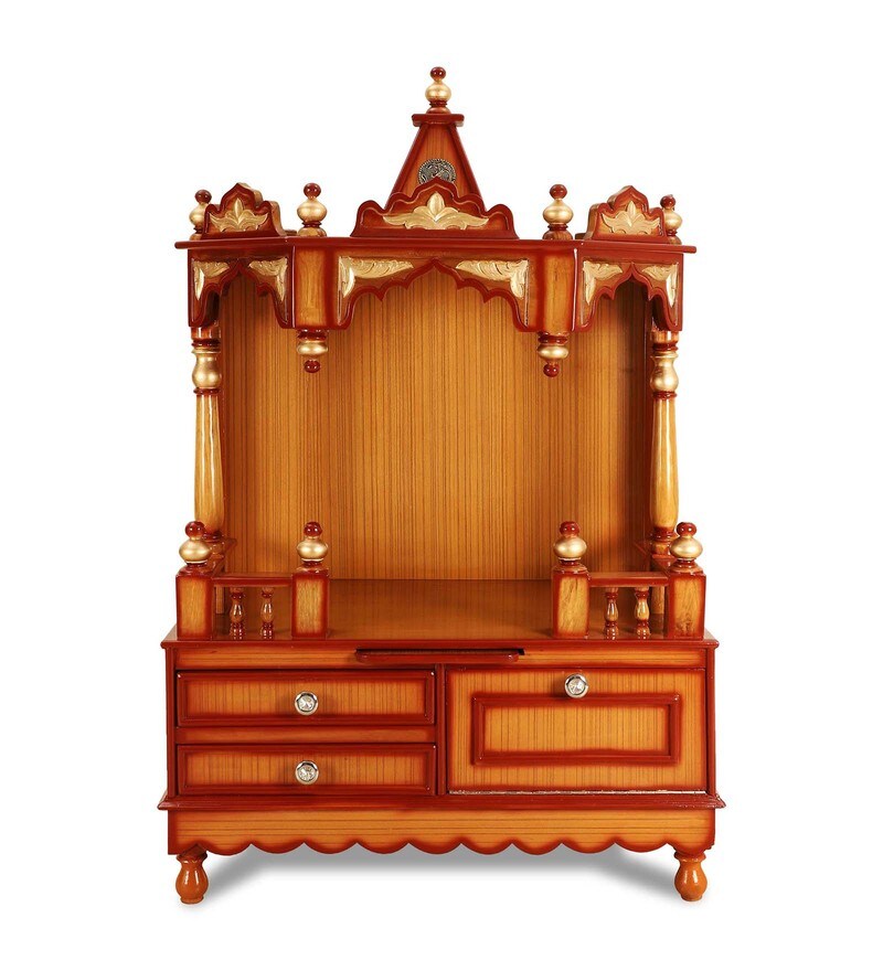 Buy Teak Wood Golden Mandir With Storage By Dzyn Furnitures Online ...