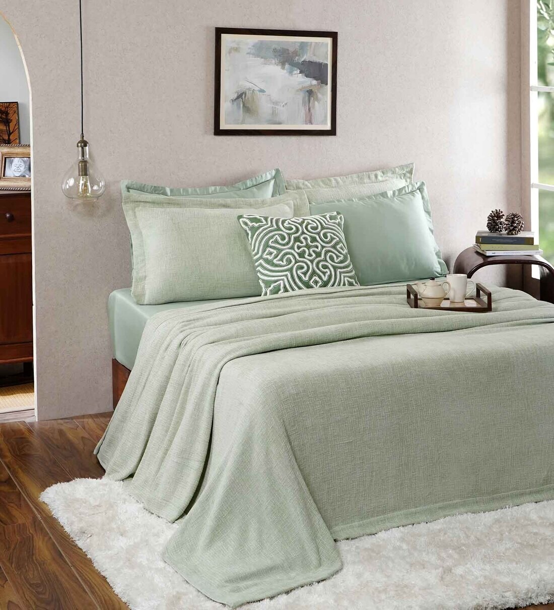 Buy Green Abstract 320 GSM Cotton 8 Pieces Bedding Set Tranquil Essence ...