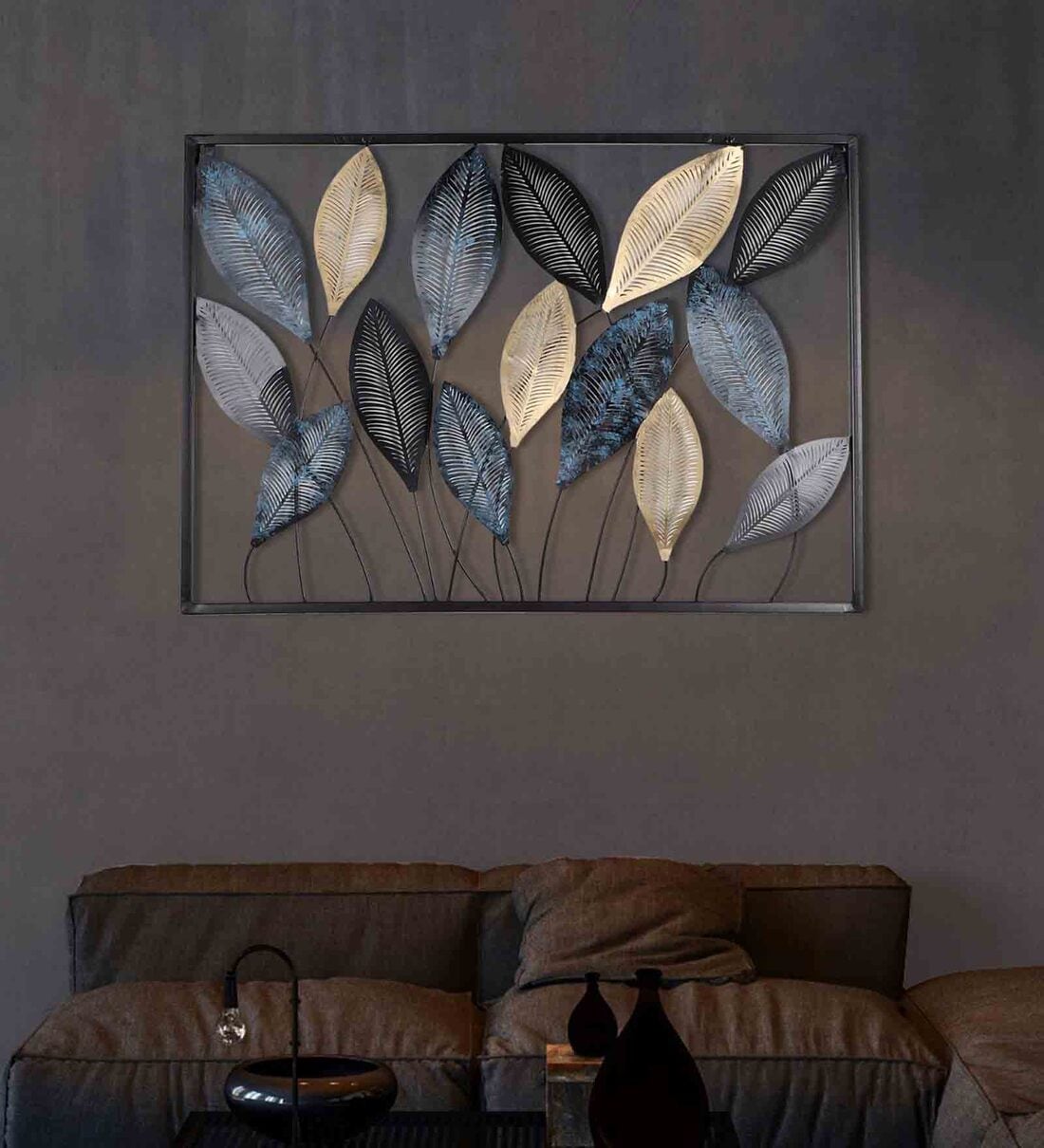 Buy Multicolor Iron Etching Leaves Rectangular Shape Floral Metal Wall ...