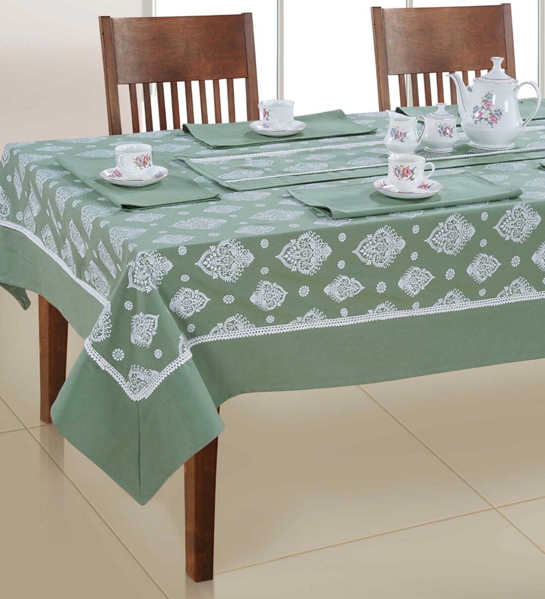 Buy Gharana (90x60) Green & White Cotton (Set of 8) Table Linen Set ...