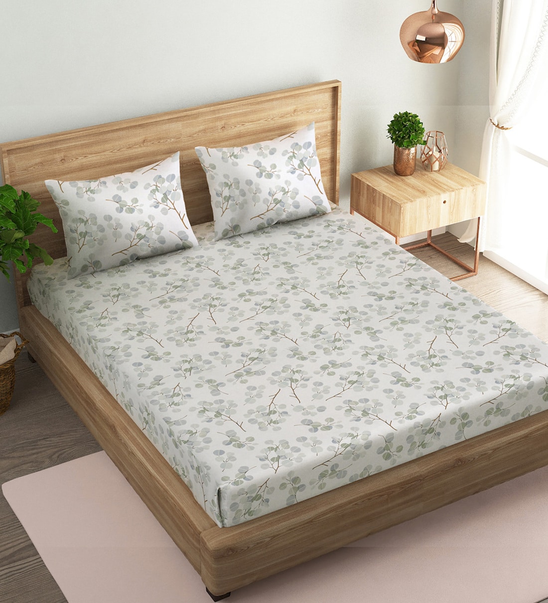 Buy Green Floral 144 Tc Cotton King Sized Bed Sheets With 2 Pillow