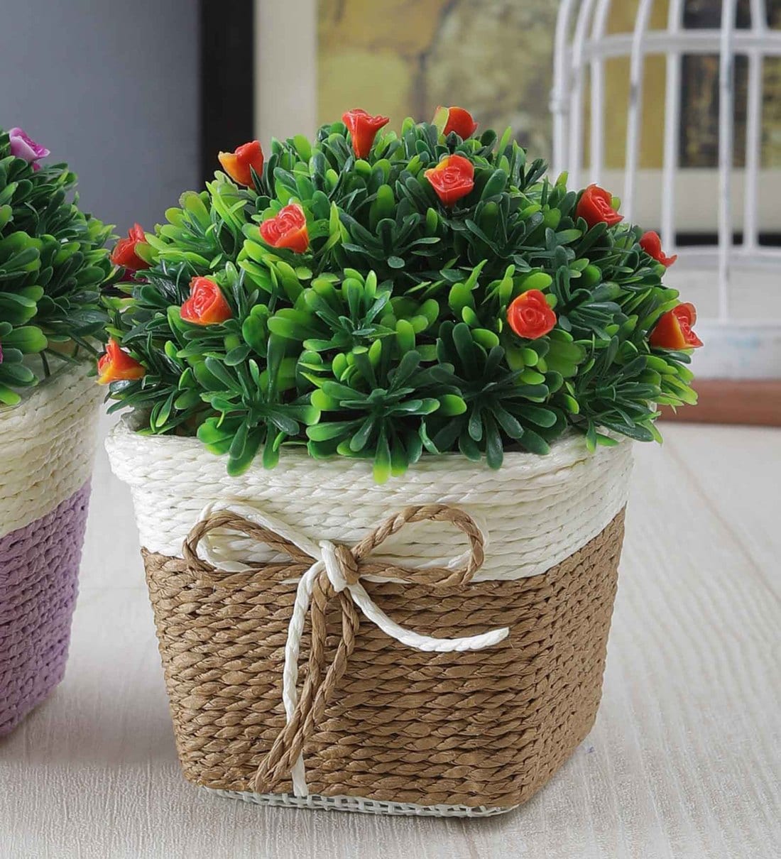 Buy Green Plastic Small Orange Flowers Artificial Plant with Pot by ...
