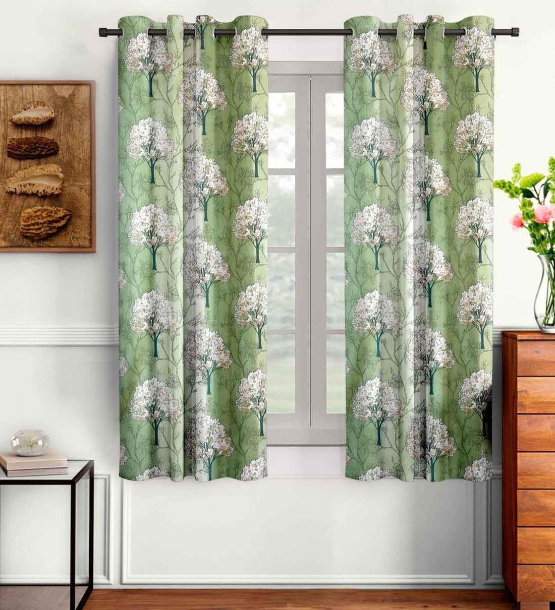 Buy Green Floral Polyester 5 Ft Semisheer Eyelet Window Curtains (Set ...
