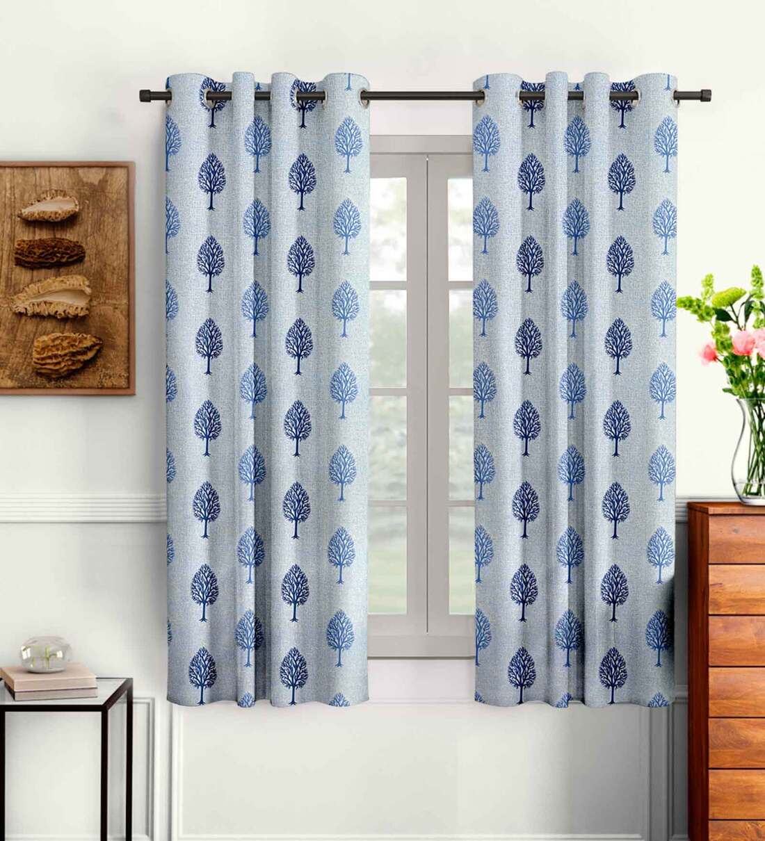 Buy Blue Floral Polyester 5 Ft Semisheer Eyelet Window Curtains (Set of ...