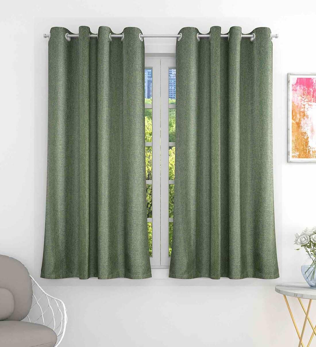 Buy Green Solid Jute 5 Ft Light Filtering Eyelet Window Curtains (Set ...