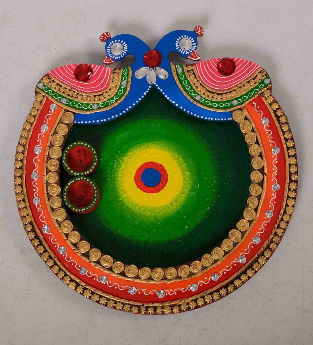 Buy Green Wooden Paper Mache Designer Peacock Shape Pooja Thali By ...